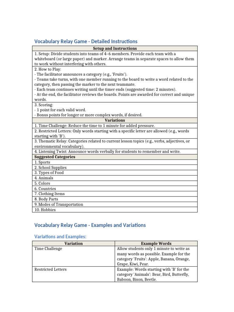 Vocabulary Relay Game Details | PDF | Word