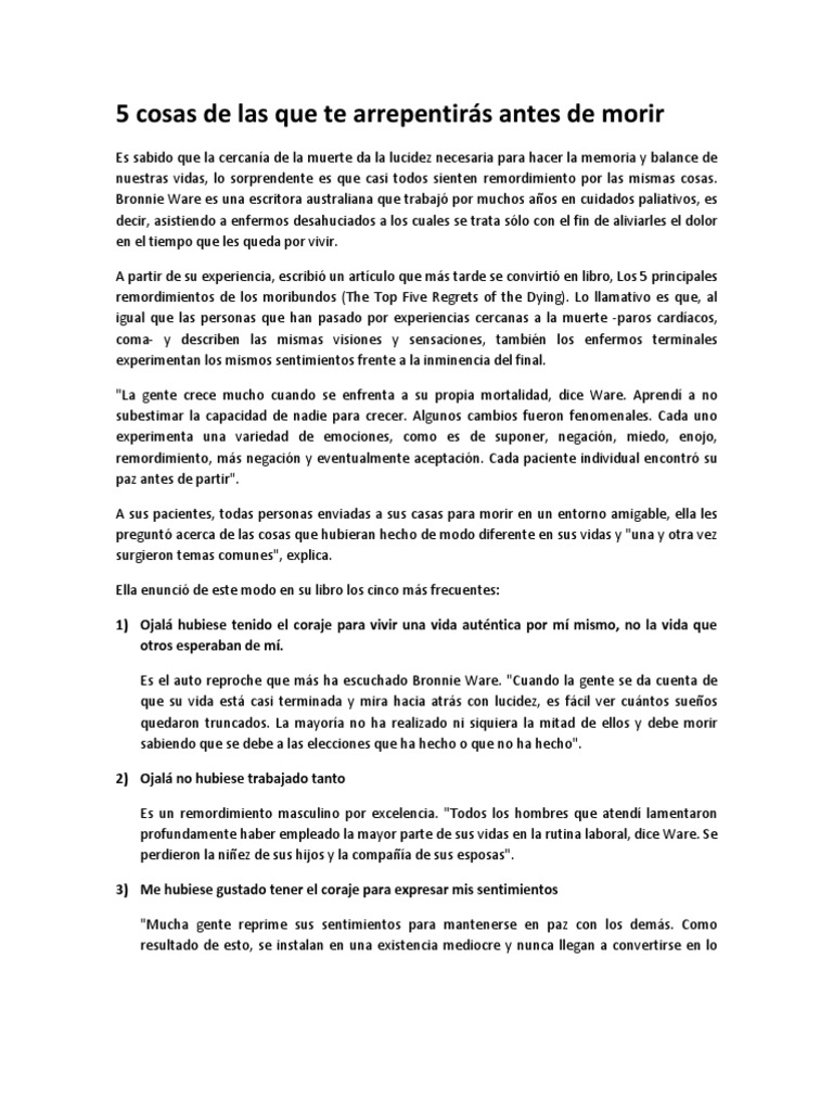 5 Cosas De Las Que Te Arrepentirás Antes De Morir Pdf Muerte