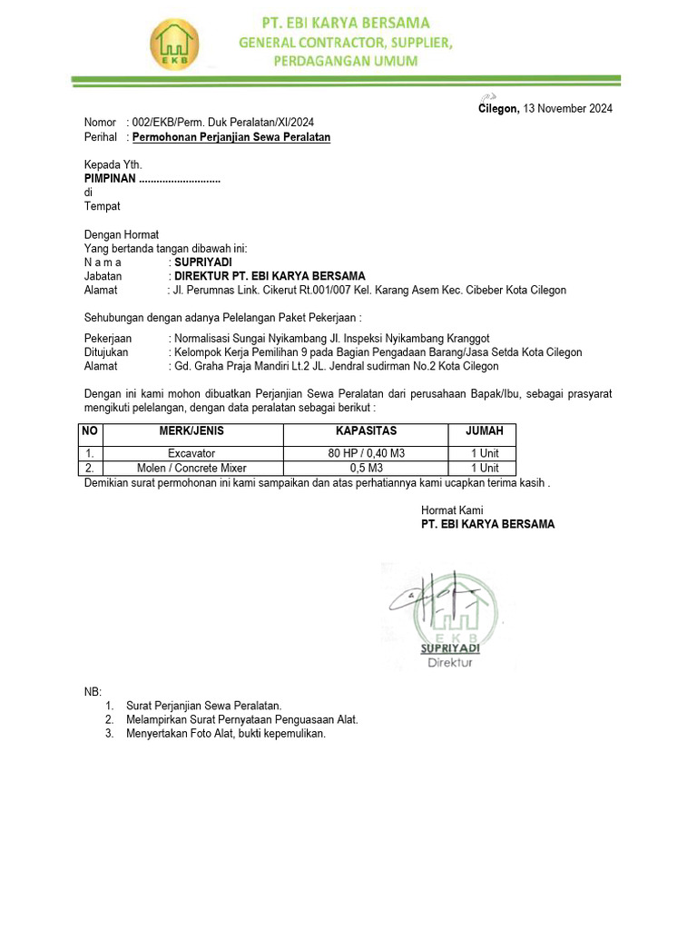 Permohonan Alat PT. EBI KARYA BERSAMA | PDF