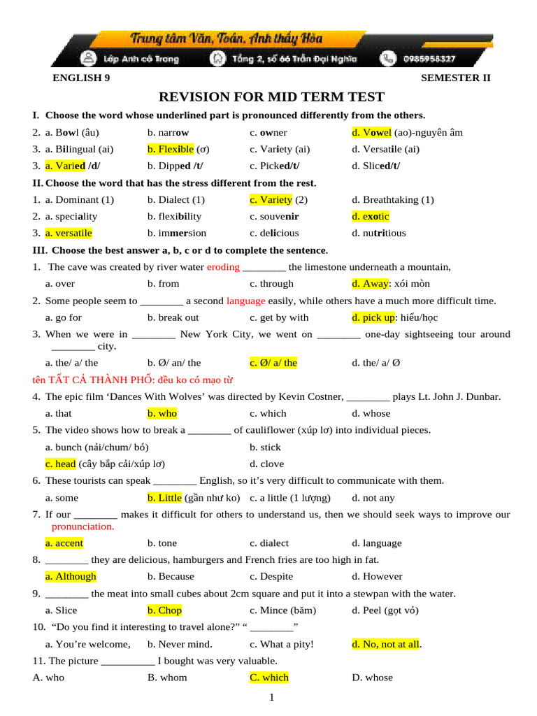 Revision Mid Term II-2022-đáp Án 27-3 | PDF | Tourism | Obesity