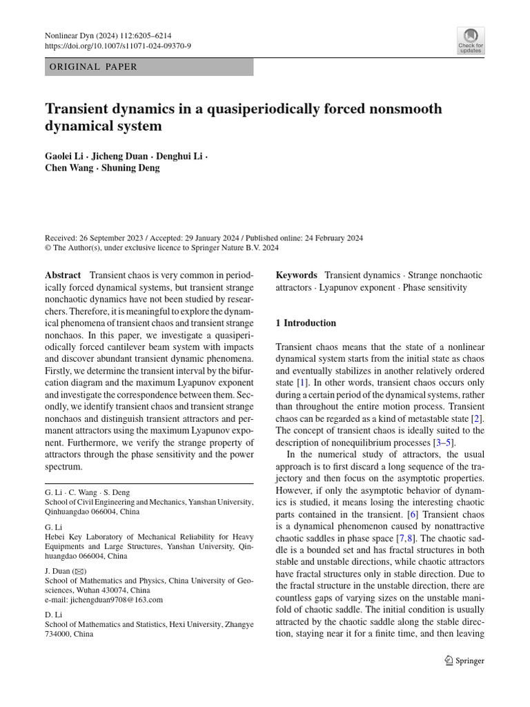 Transient Dynamics in A Quasiperiodically Forced Nonsmooth Dynamical System | PDF | Chaos Theory ...
