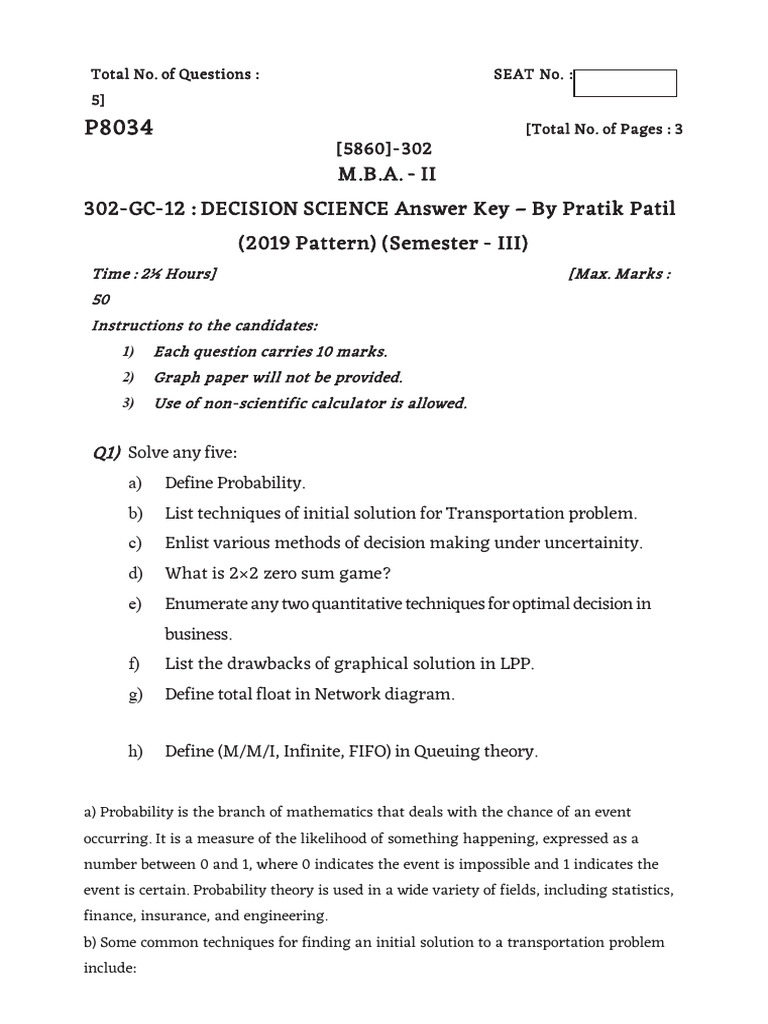 Decision Science MBA Answer Key 302-GC-12 | PDF