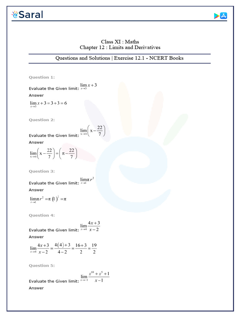 175450 NCERT Solutions for Class 11 Maths Chapter 12 Limits and Derivatives PDF | PDF | Function ...