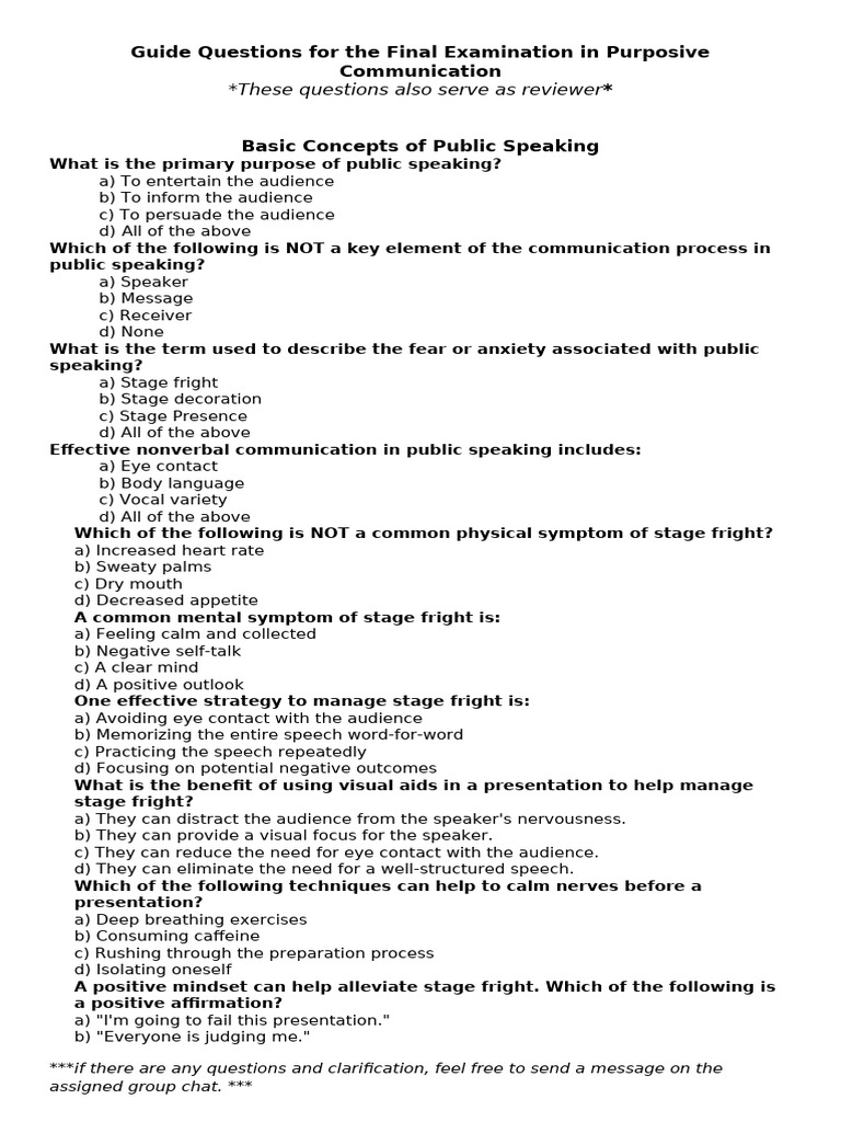 Guide Questions For The Final Examination in Purposive Communication | PDF | Public Speaking ...