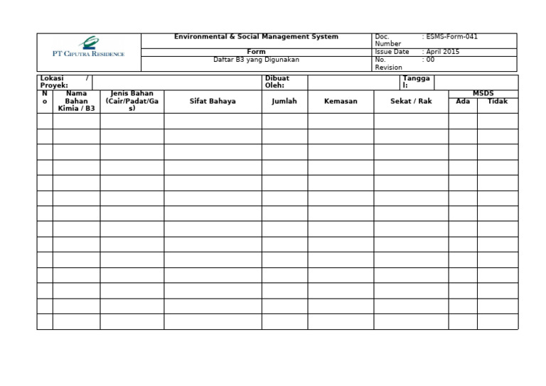 ESMS-FORM-041-Daftar B3 Yang Digunakan | PDF
