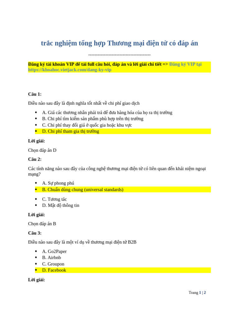 Trac Nghiem Tong Hop Thuong Mai Dien Tu Co Dap An - 2024 - 12 - 21 | PDF
