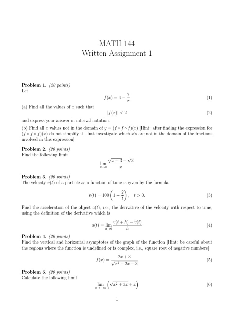 MATH 144 - Written Assignment 1 | PDF | Derivative | Mathematics