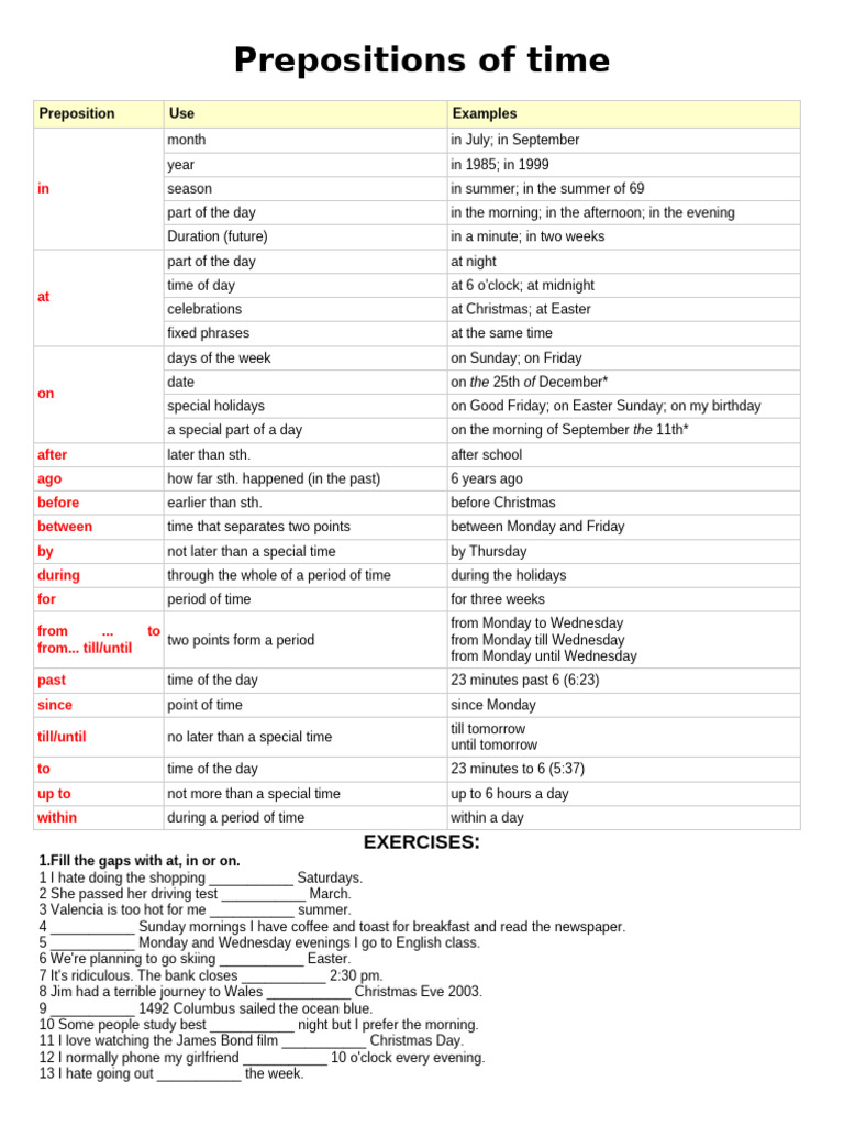 Prepositions of time | PDF | Easter