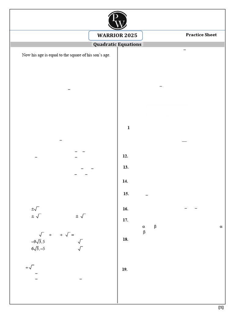 Quadratic Equations - Practice Sheet - Warrior 2025 | PDF ...
