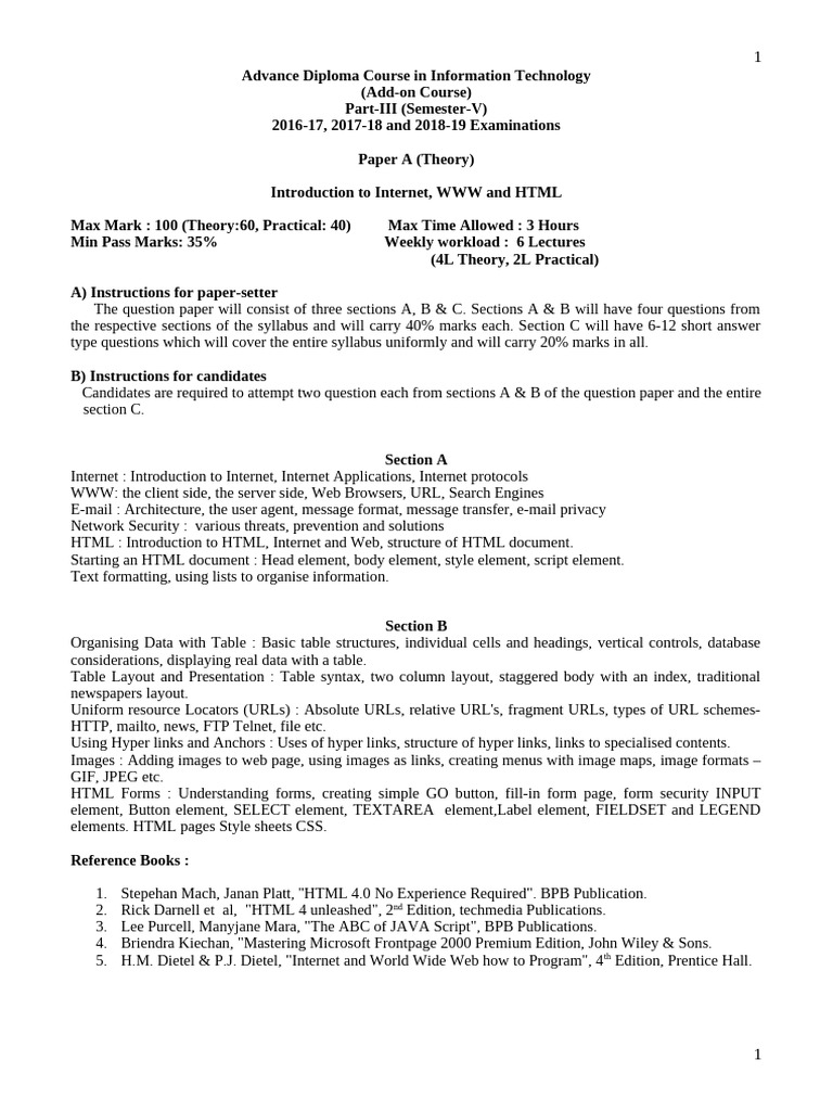 Advance Diploma Course in Information Technology(Semester V & VI) | PDF ...