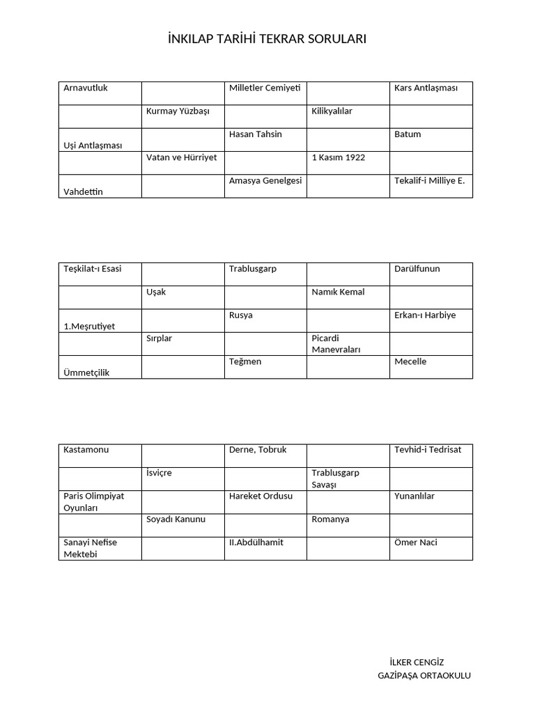 İnkılap Tarihi Tombala Oyunu Ve 111 Soru | PDF