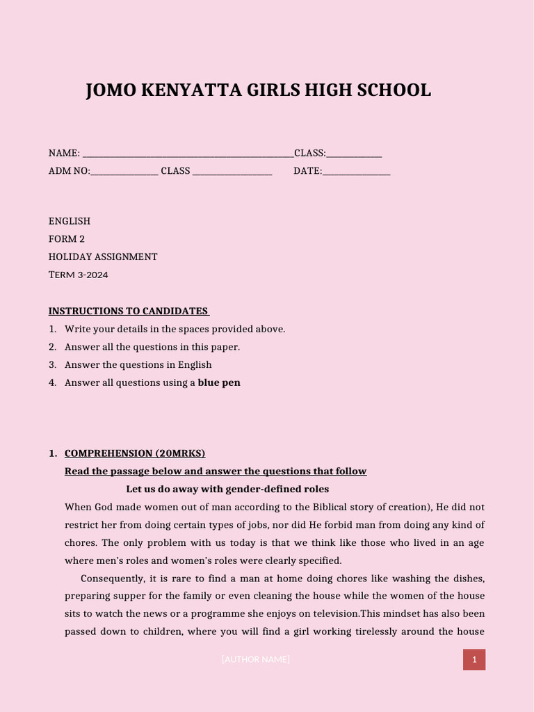 Form 2 English Holiday Assignment | PDF | Linguistics