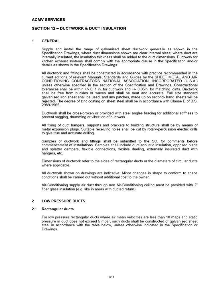 Acmv Ductwork Specification | PDF | Duct (Flow) | Thermal Insulation