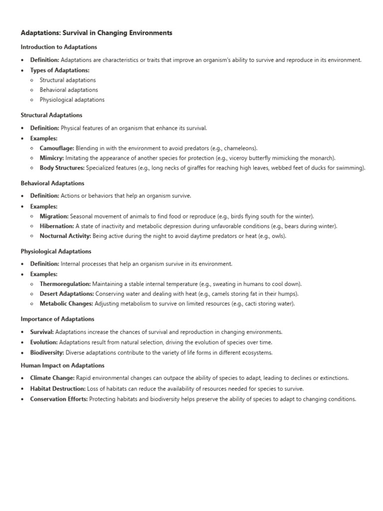 Adaptations: Survival in Changing Environments | PDF