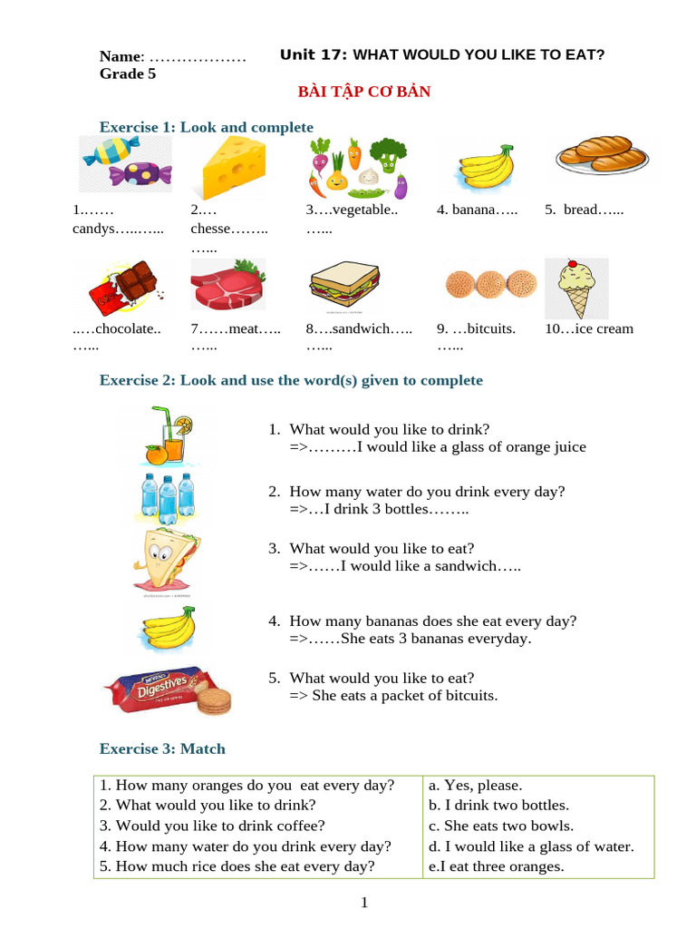 Grade 5 Food and Drink Exercises | PDF | Lunch | Meal