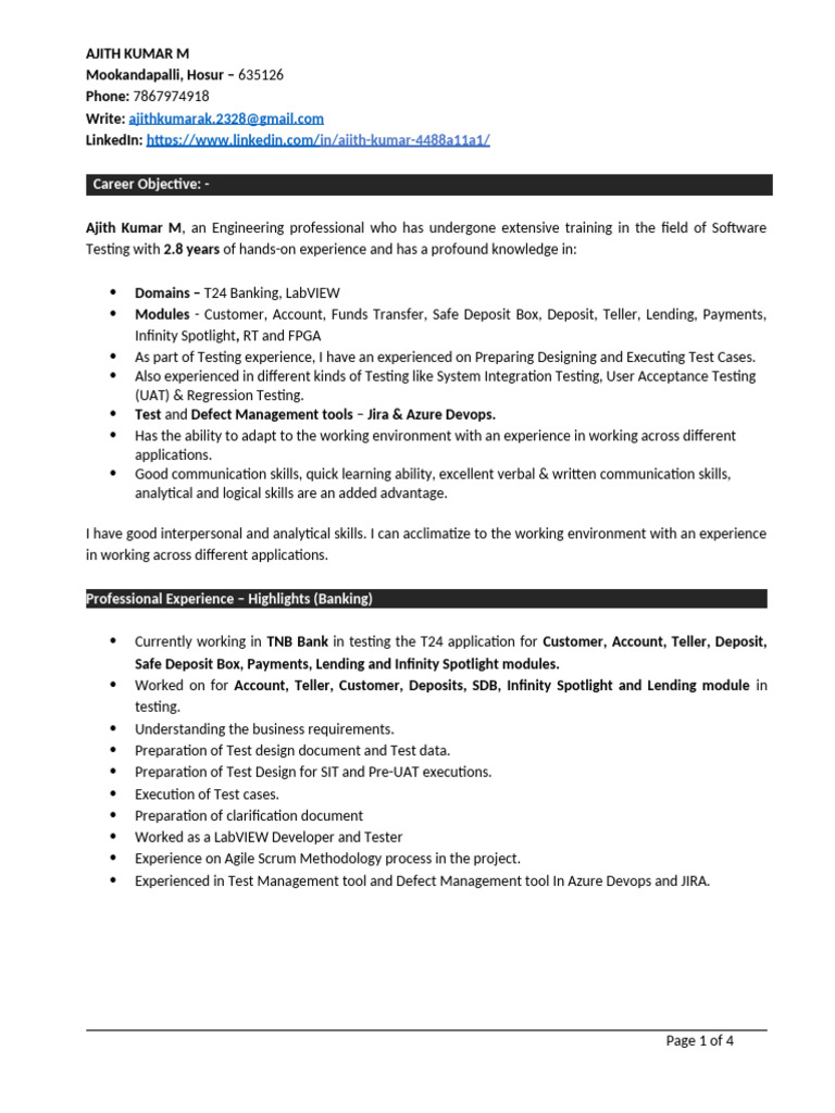 Ajith Kumar M: Software Testing Profile | PDF | Information Technology ...
