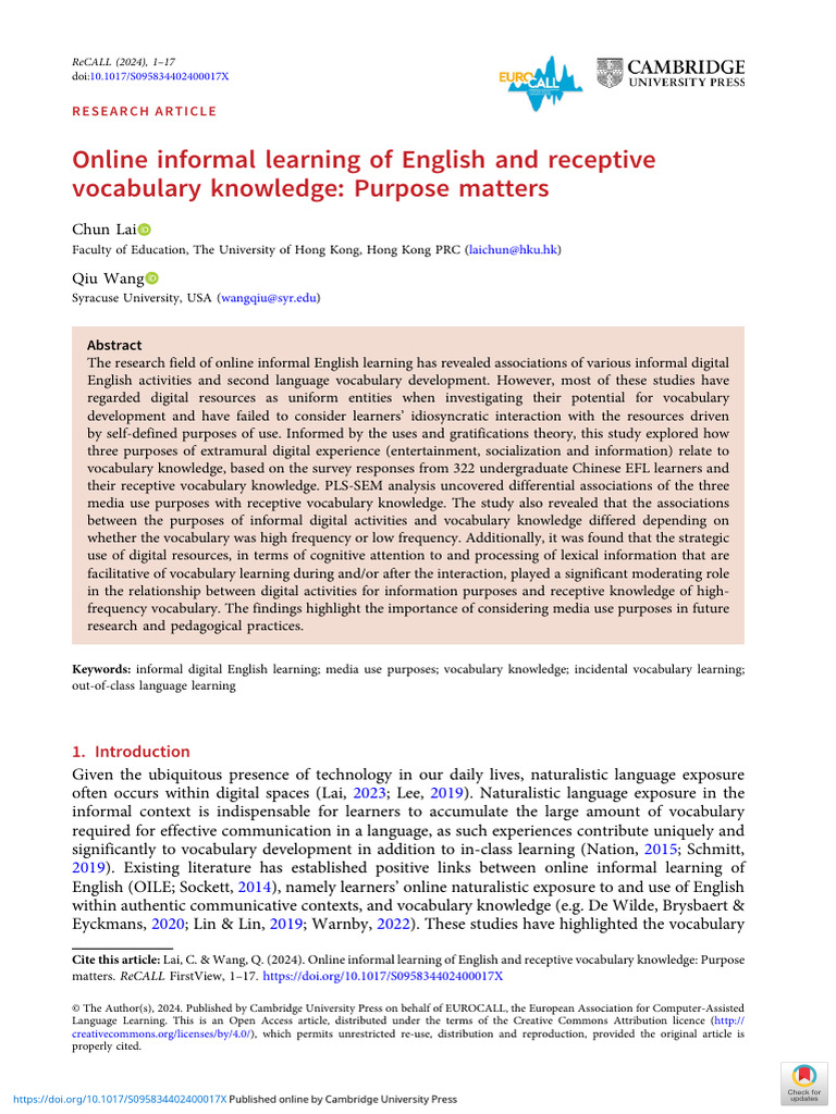 online-informal-learning-of-english-and-receptive-vocabulary-knowledge-purpose-matters | PDF ...