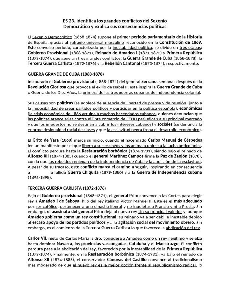 Identifica Los Grandes Conflictos Del Sexenio Democrático y Explica Sus Consecuencias Políticas ...