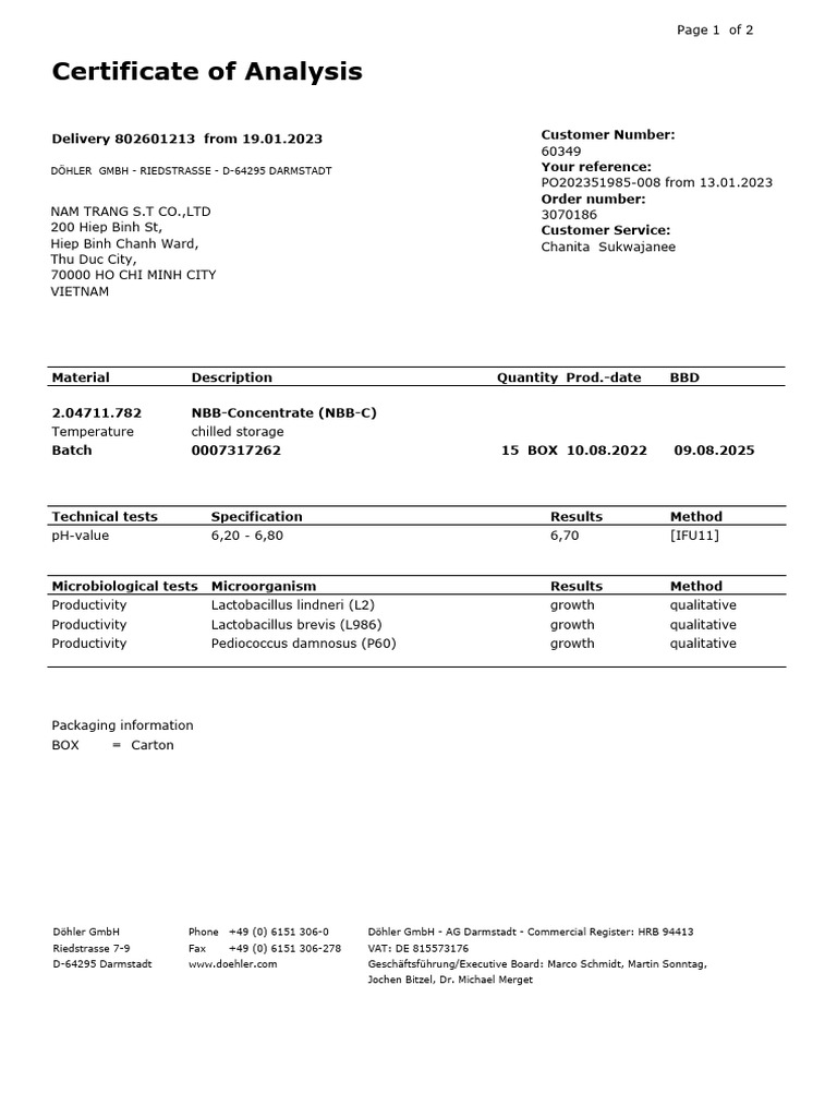 Döhler GmbH Certificate of Analysis | PDF