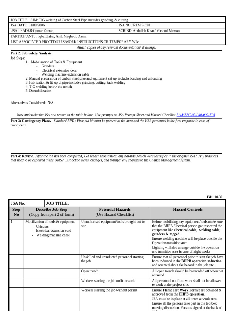Copy of JSA Fo Welding of Carbon Steel Pipe Inside Operation Area | PDF ...