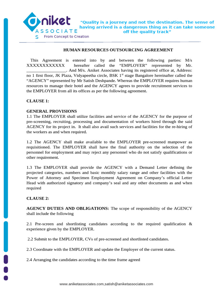 Human Resources Outsourcing Agreement | PDF | Employment | Salary