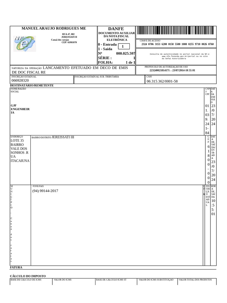 Danfe - 25597 | PDF | Documentos empresariais