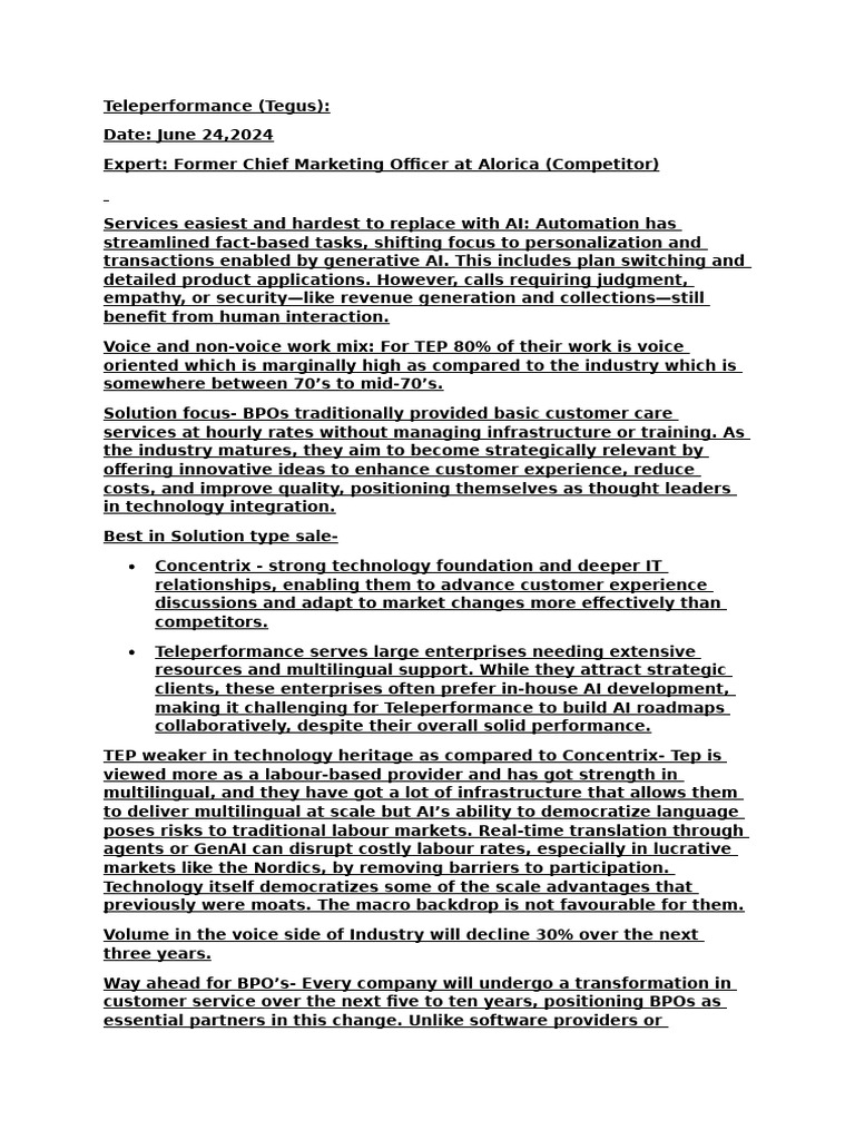 Teleperformance Tegus Transcript | PDF | Outsourcing | Artificial ...