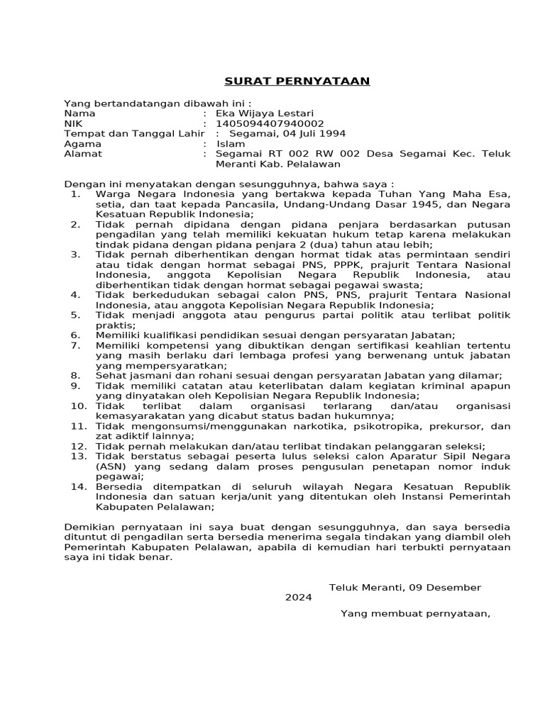 Surat Pernyataan Resda Neli 2 | PDF