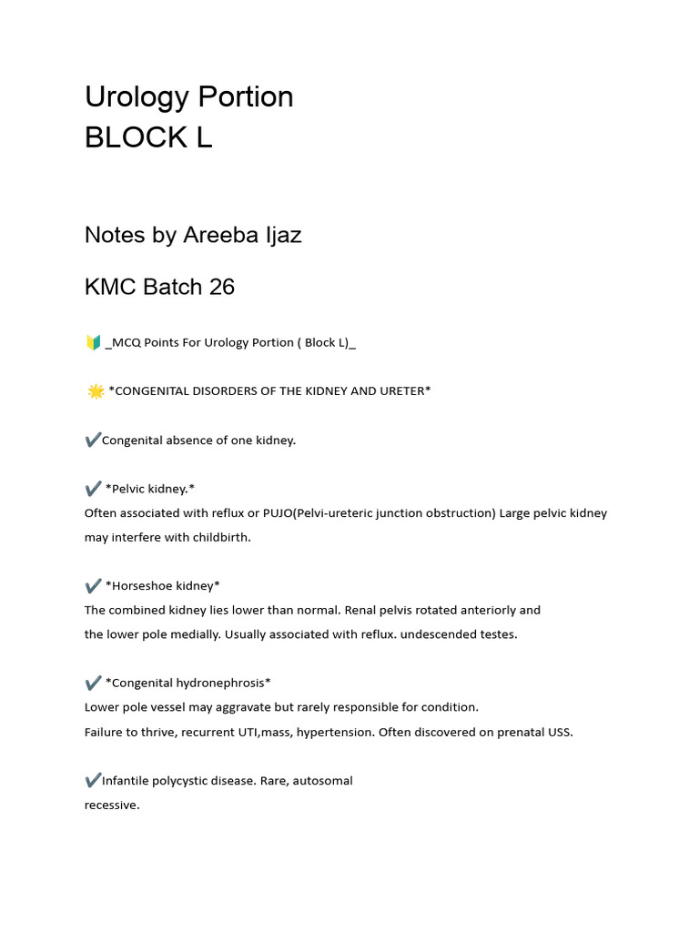 Urology Portion Block L by Areeba Ijaz | PDF | Urinary Tract Infection ...