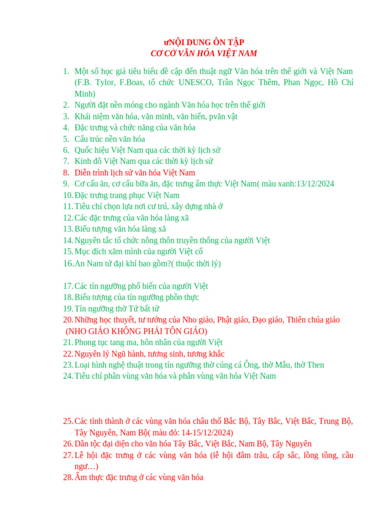 NỘI DUNG ÔN TẬP HP - CSVH VN | PDF