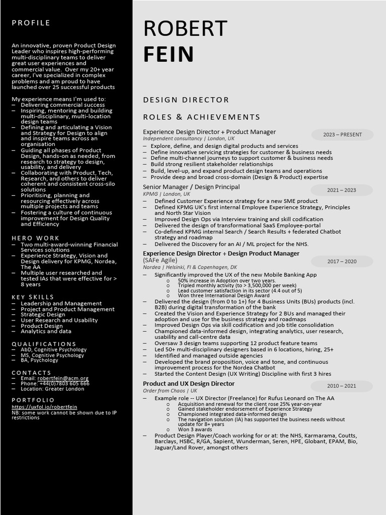 Robert Fein CV Design Director Monday 2024 | PDF | Information Technology | Business