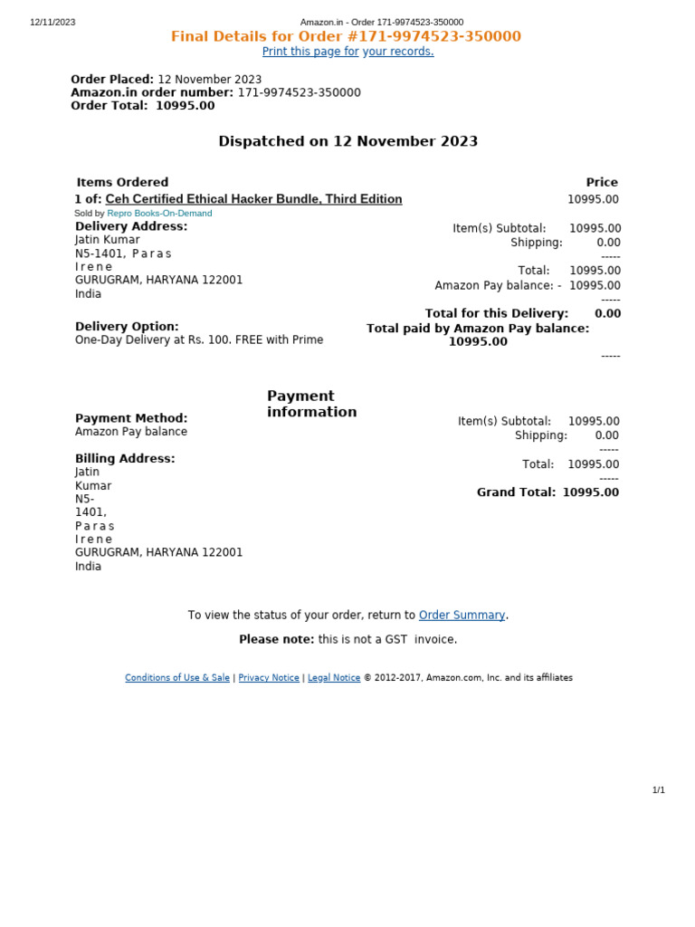 Book 10995 Bill 12 Nov | PDF | Payments