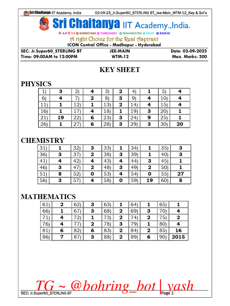 @bohring Bot 02-09-23 JR Super60 STERLING BT Jee Main WTM 12 Key | PDF | Mechanics | Physical ...