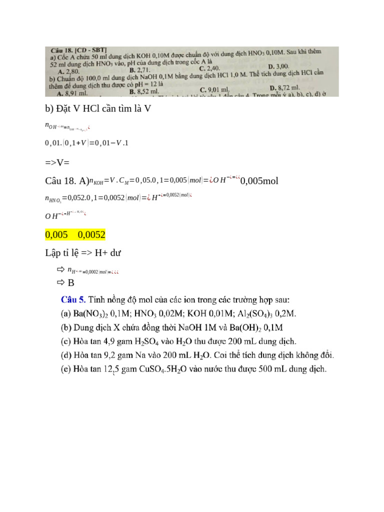 B) Đặt V Hcl Cần Tìm Là V | PDF