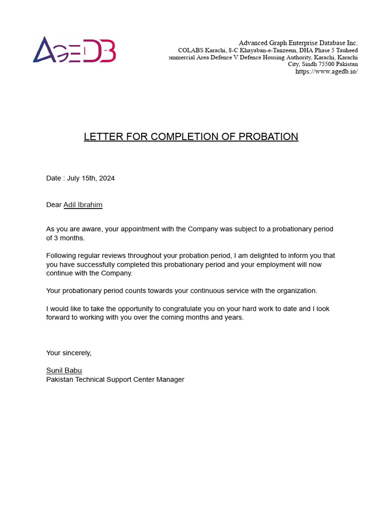 Letter For Completion of Probation - Adil Ibrahim | PDF