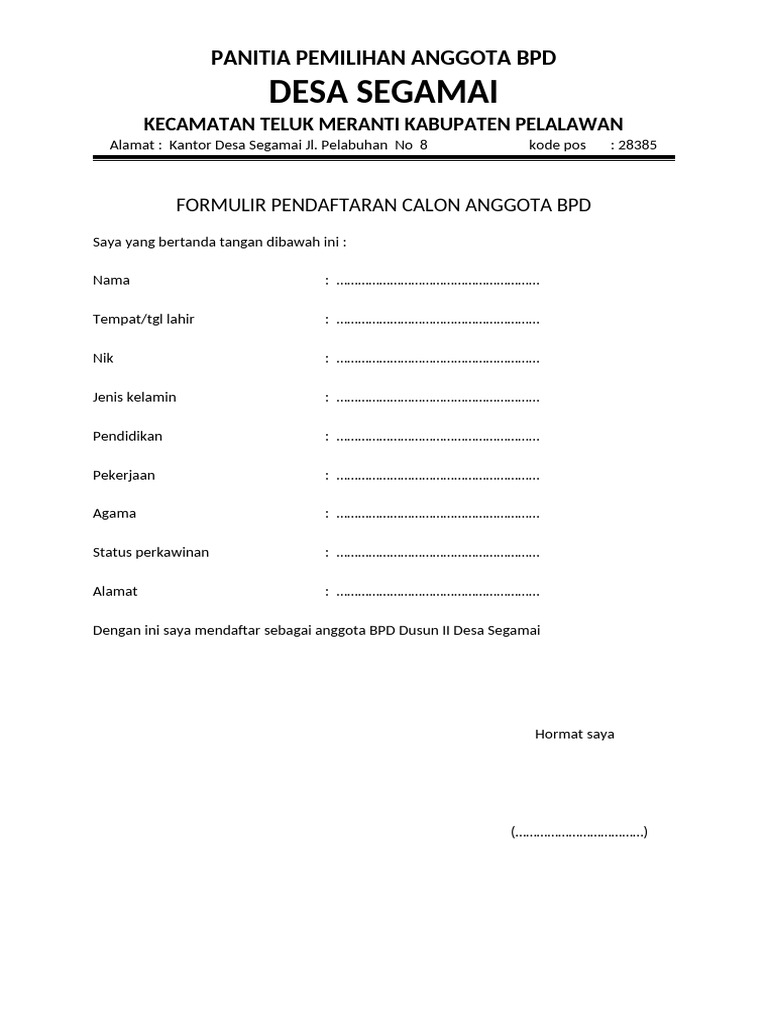 Formulir Pendaftaran Calon Anggota BPD | PDF