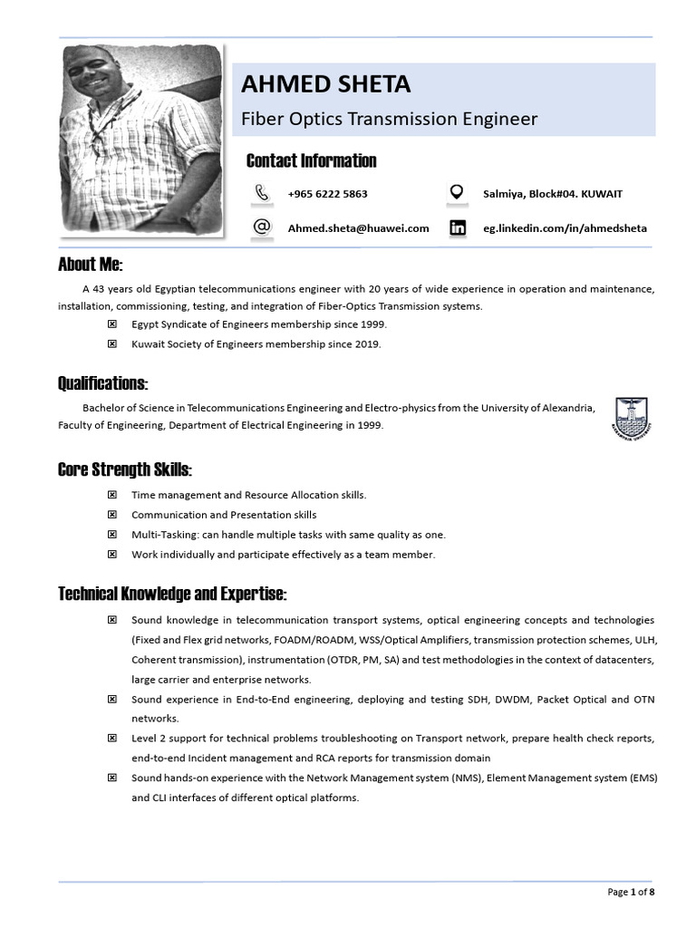 Ahmed Sheta 84051089 Huawei CV Updated 2020 | PDF | Wavelength Division Multiplexing | Fiber ...