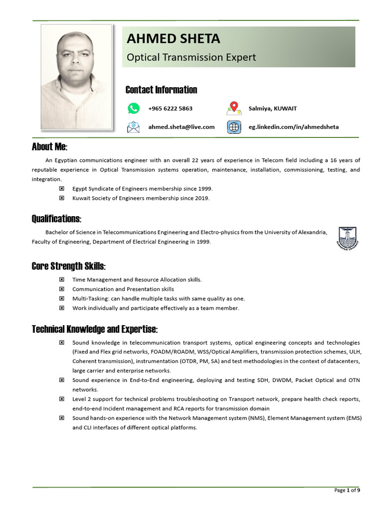 Ahmed Sheta CV Updated 2021 | PDF | Wavelength Division Multiplexing | Fiber Optic Communication