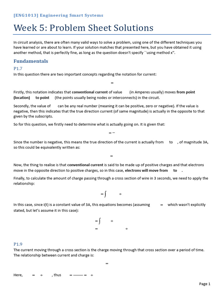 ENG1013 Week 5 Electrical Problem Sheet Solutions | PDF | Electrical Network | Voltage