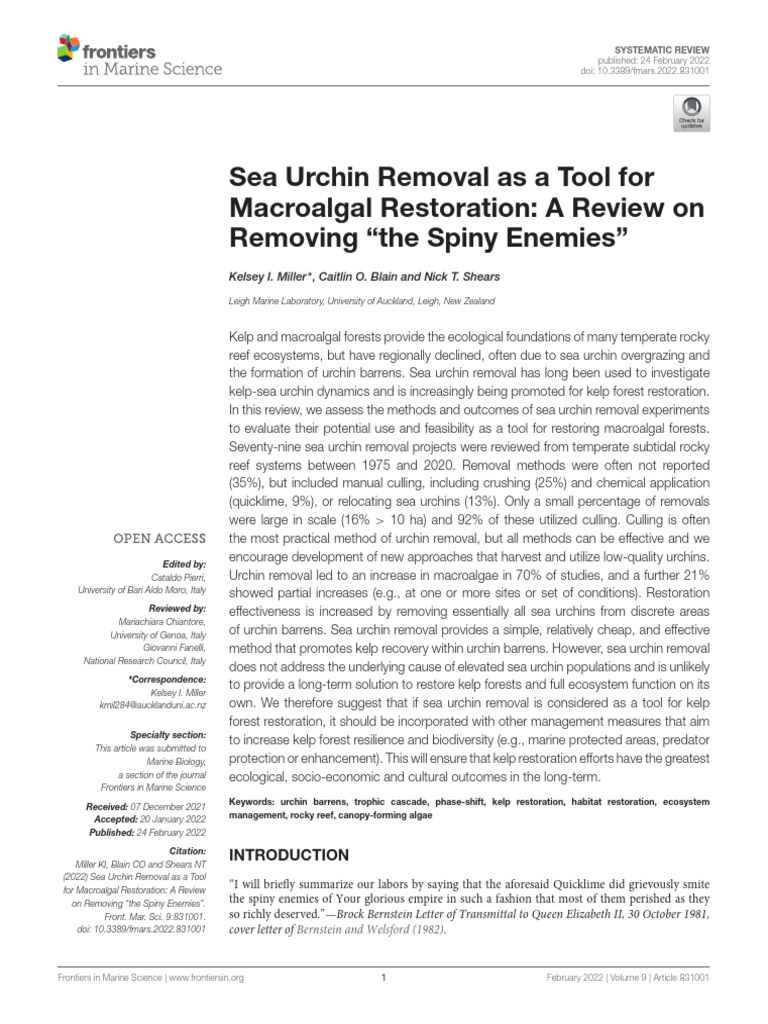 Sea Urchin Removal for Kelp Restoration | PDF | Seaweed | Forests