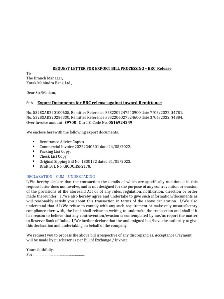 Export Bill Processing Request for BRC | PDF