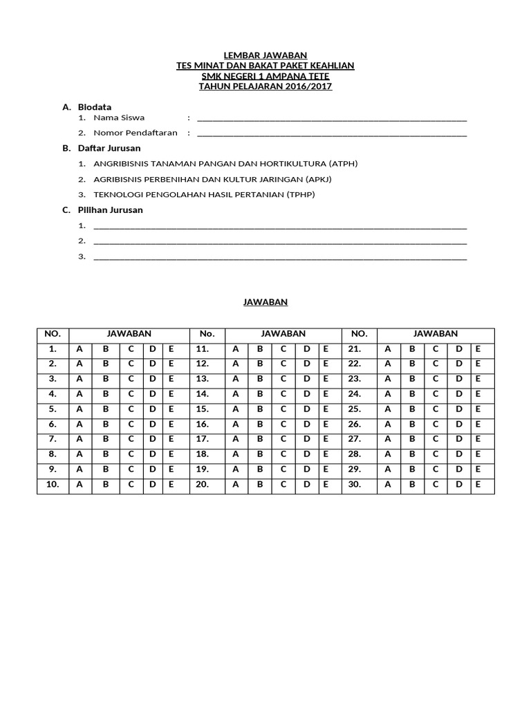 Lembar Jawaban Tes Minat Bakat | PDF