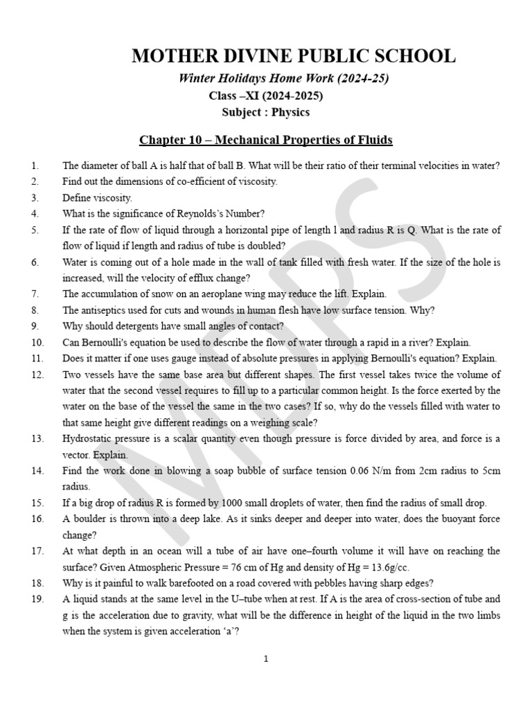 Class XI Physics Winter Homework 2024-25 | PDF | Drop (Liquid) | Fluid Mechanics