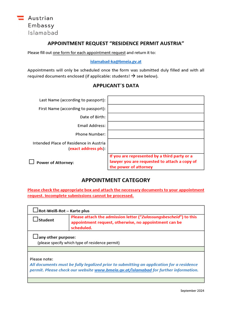 Residence Permit Appointment Request Austria | PDF