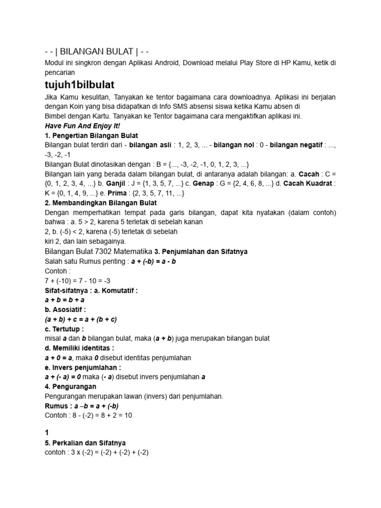 Modul Bimbel Kelas 7 KTSP 7302 Matematika Bab 1 Bilangan Bulat | PDF