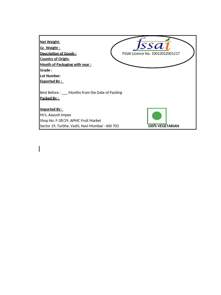 Fssai Label Format - Aayush | PDF