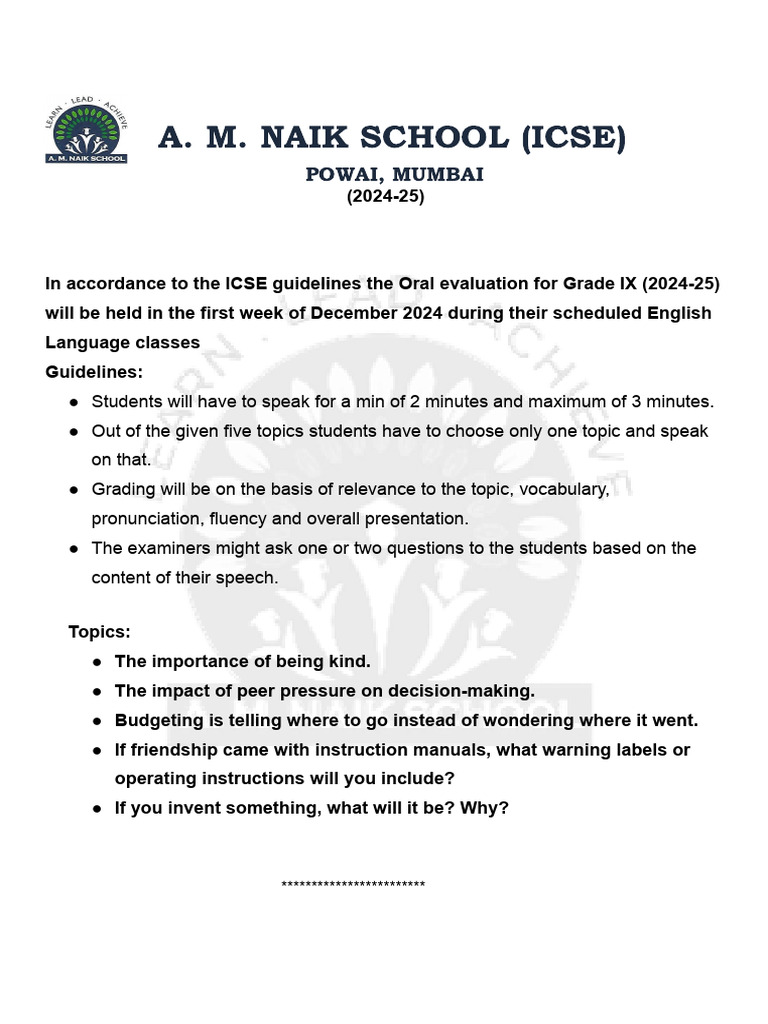 Grade 9 Oral Evaluation Notice | PDF