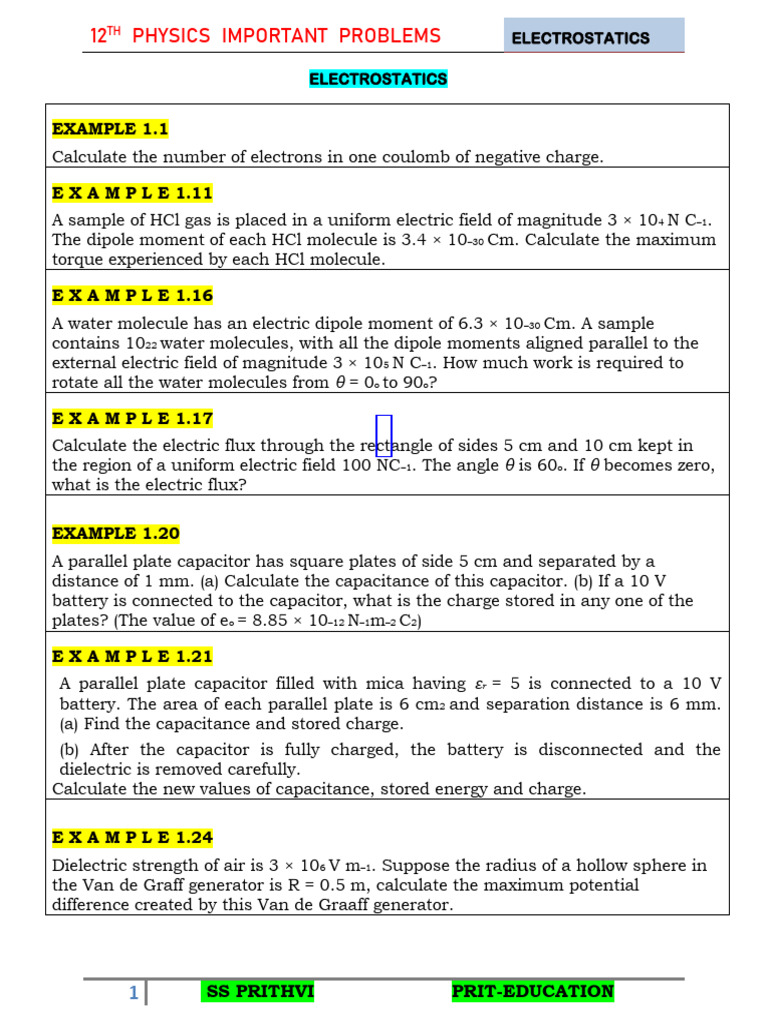 Physics Ch 1 (Examples) | PDF | Capacitor | Capacitance