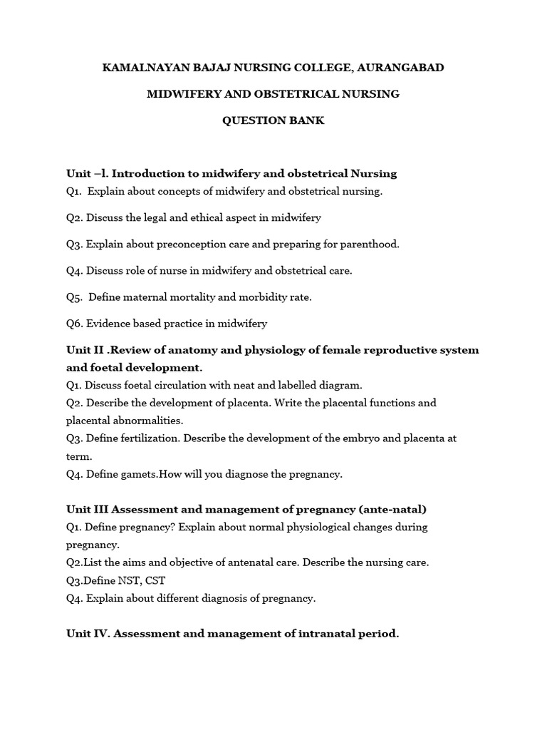 Midwifery Obstetrical Nursing Question Bank | PDF | Childbirth | Pregnancy