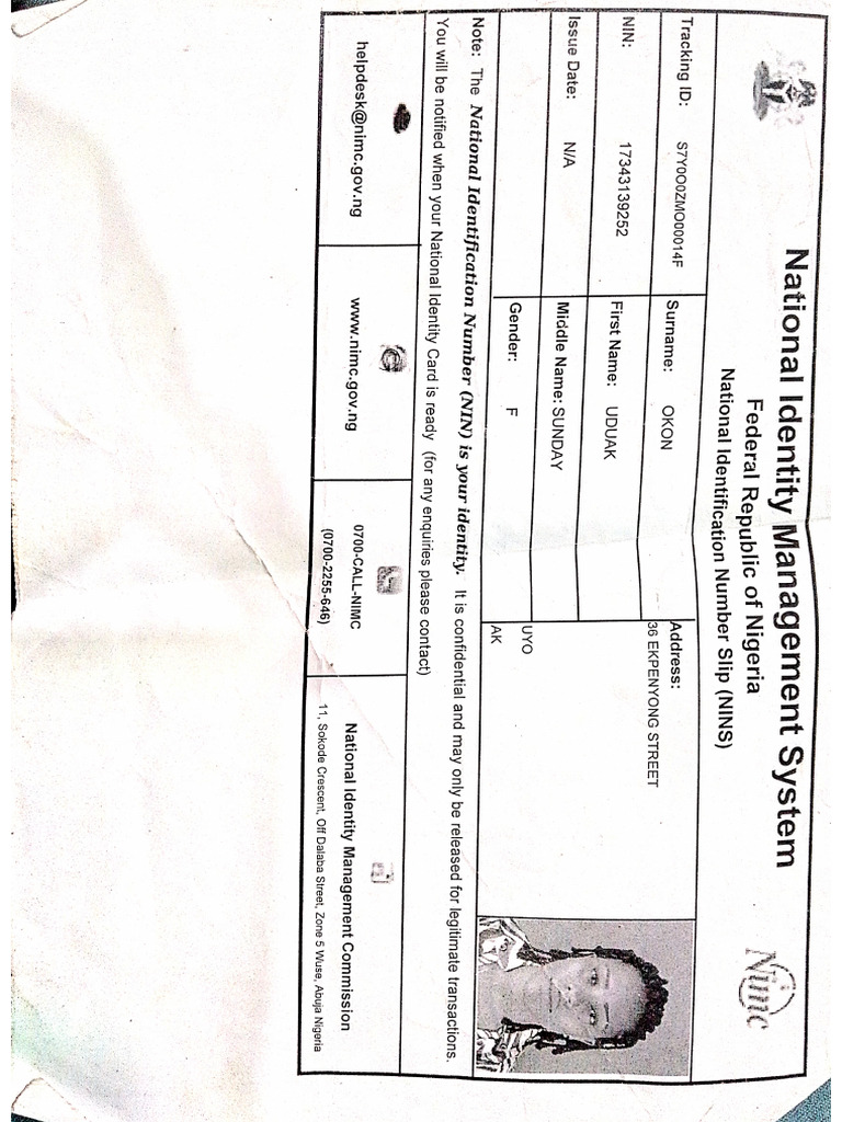 Uduak Sunday Okon NIMC ID | PDF